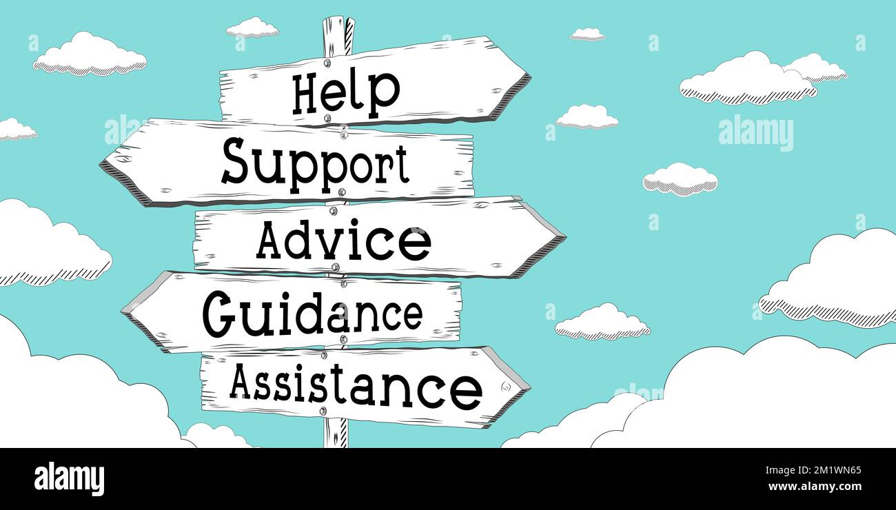 Help, support, advice, guidance, assistance - outline signpost with ...