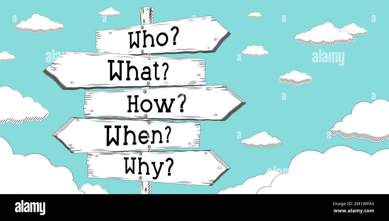 Who, what, how, when, why - outline signpost with five arrows Stock ...