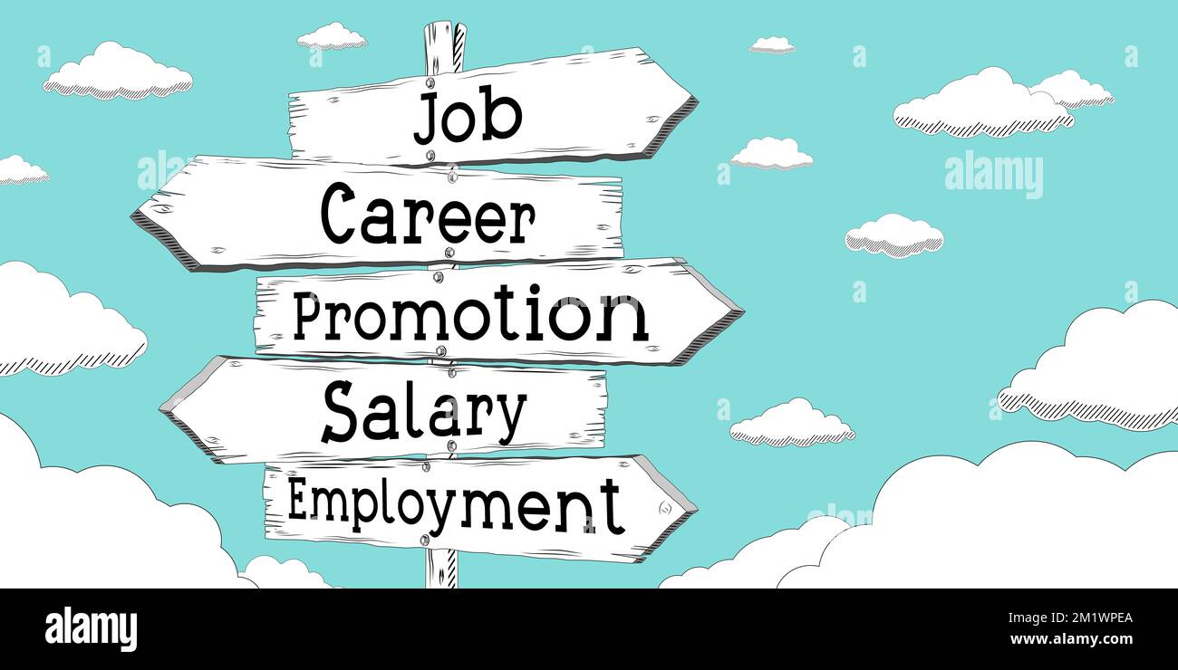 Job, career, promotion, salary, employment - outline signpost with five ...