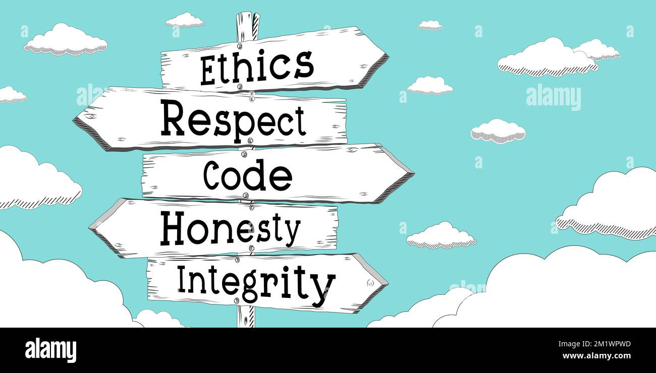 Ethics, respect, code, honesty, integrity - outline signpost with five ...