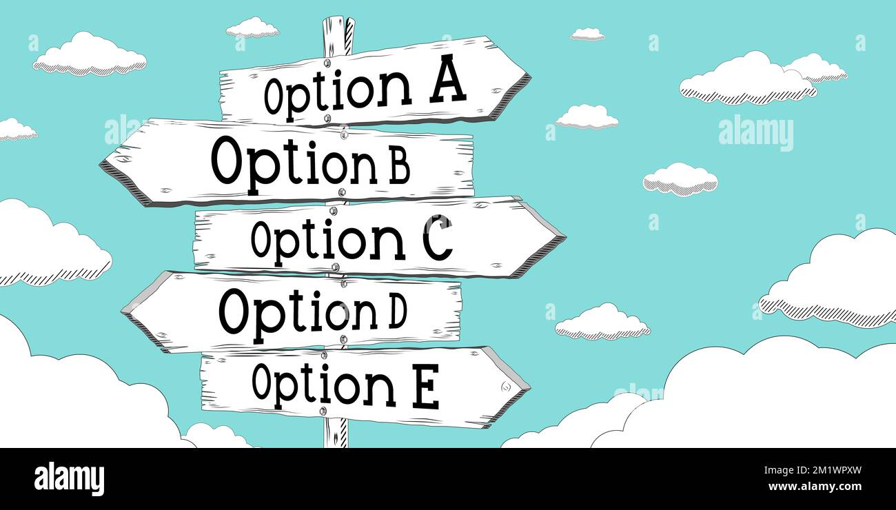 Option A, B, C, D, E - outline signpost with five arrows Stock Photo ...