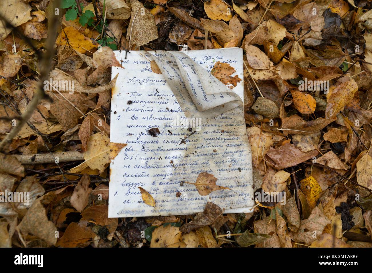 Close up to an old hand letter over brown autumn leaves at chernobyl ...