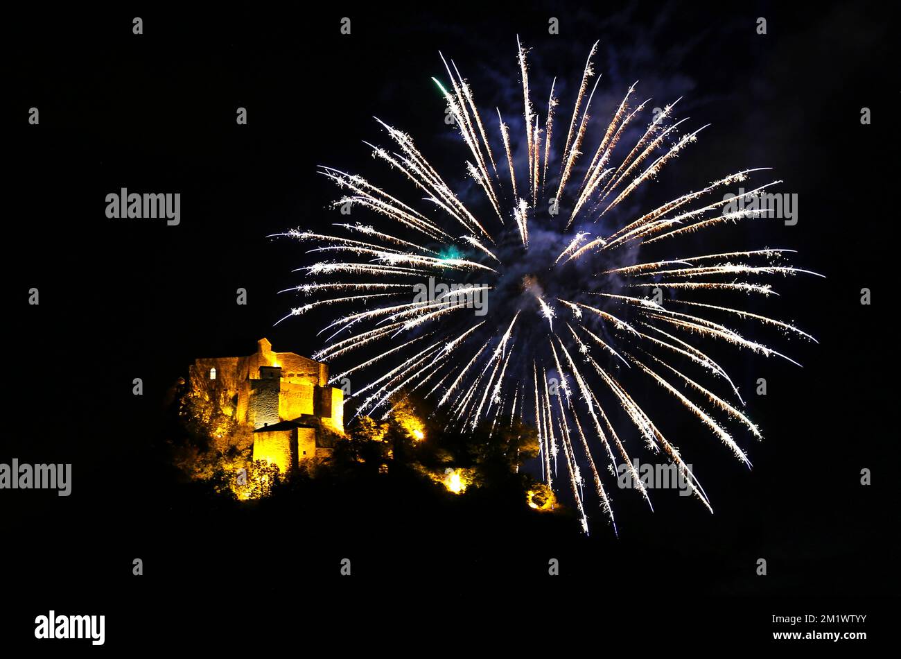 Rossena castle with fireworks Stock Photo - Alamy