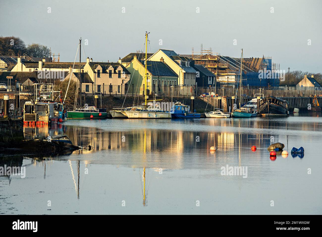 The waterfront at Irvine Harbour in Scotland on a still morning Stock ...