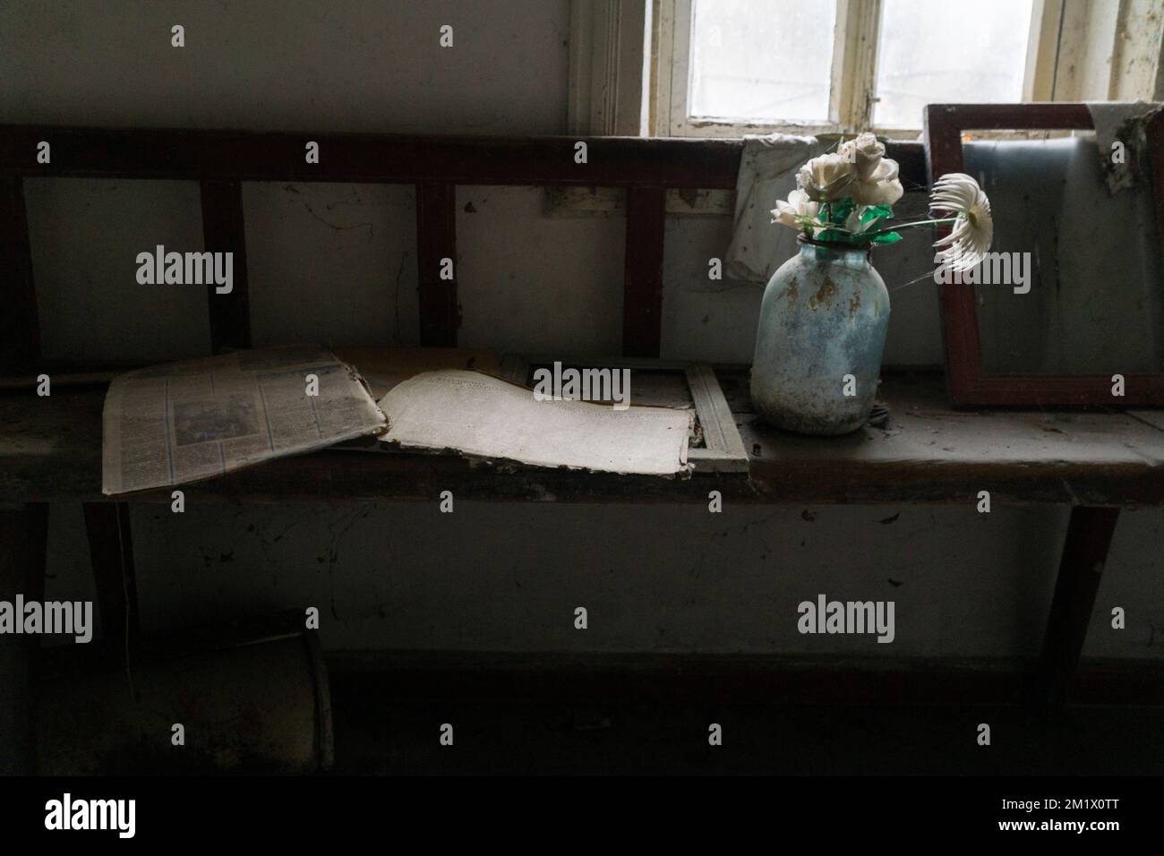 Olds newspaper and magazines over a wooden table near to a flowerpot ...