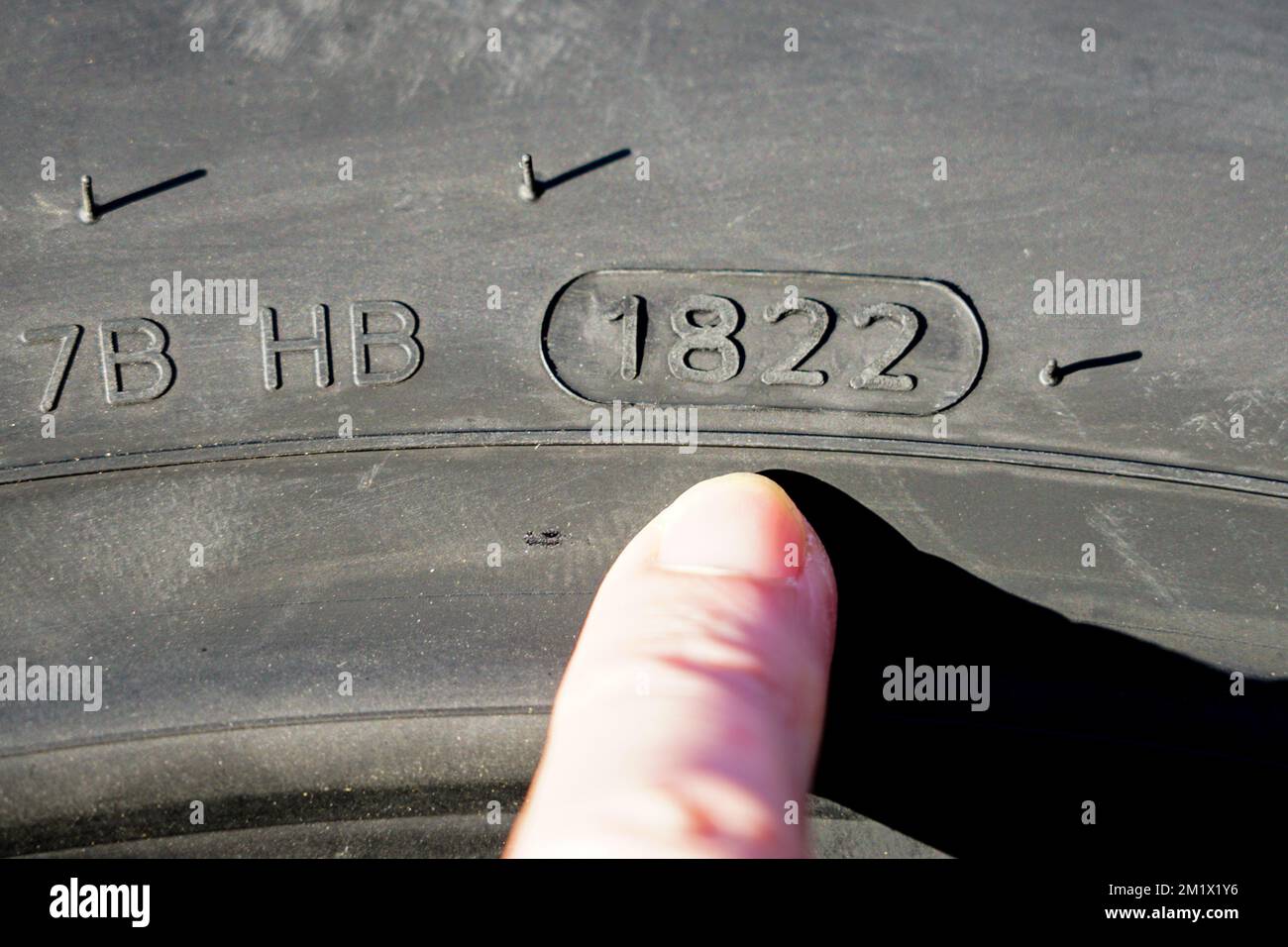 Side view of new tire with designation of week and year of tire ...