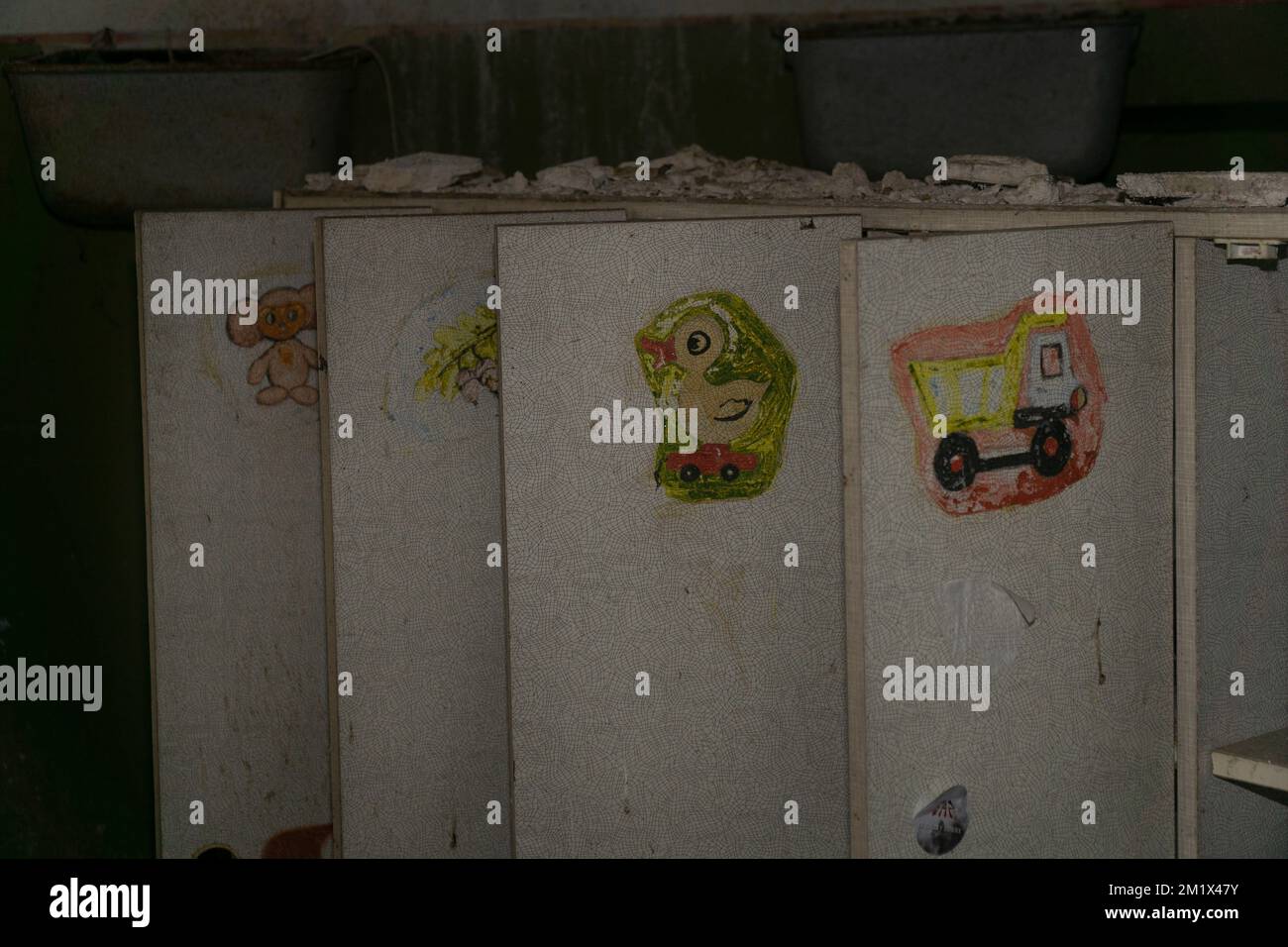 old wooden furniture with kids animal cartoon drawing inside pripyat ...