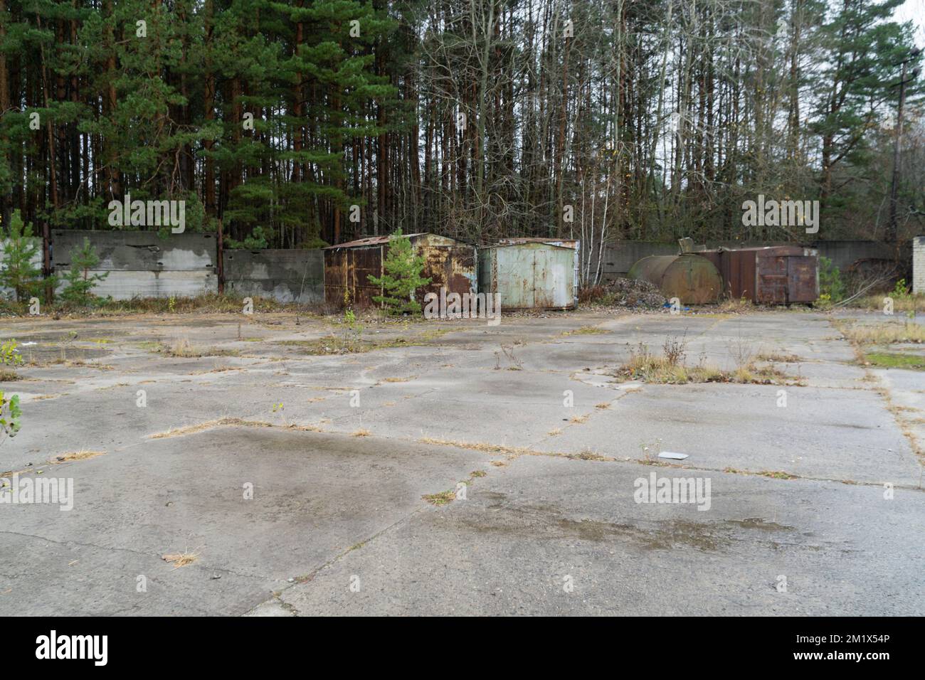 old and rusty abandoned containers into a parking with autum forest ...