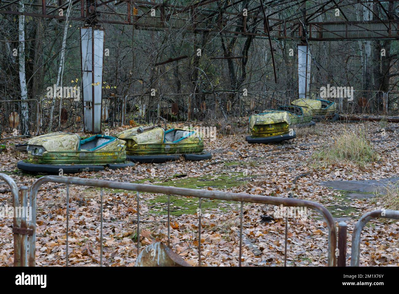 Famous green rusty old bumper cars located at prypiat amusement park ...