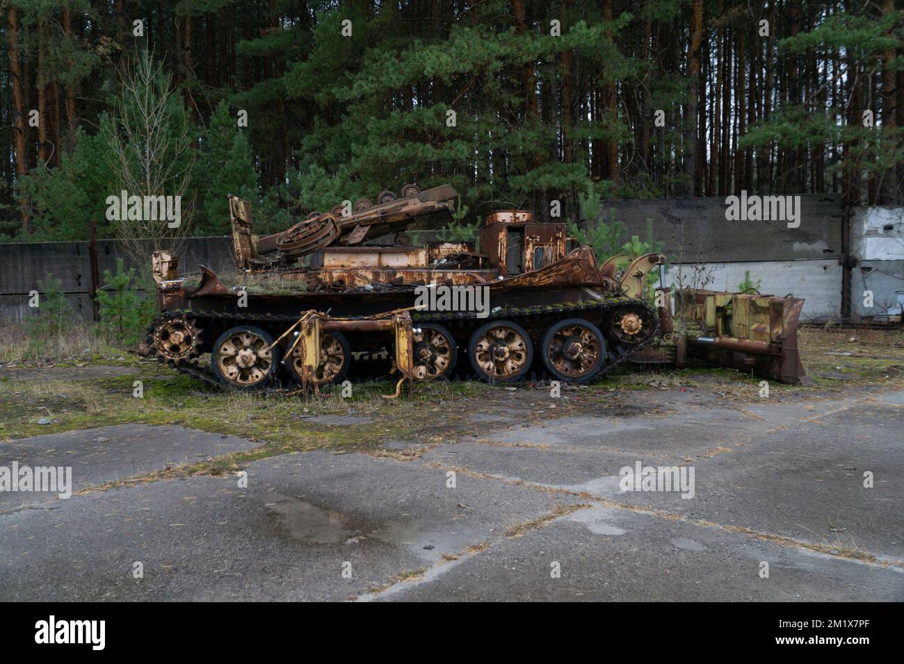Rusty destroyed tank with forest at background into chernobyl nuclear ...
