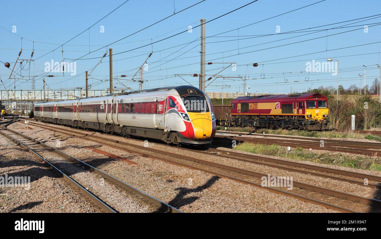 LNER Azuma heads south into Peterborough, Cambridgeshire, England, UK ...