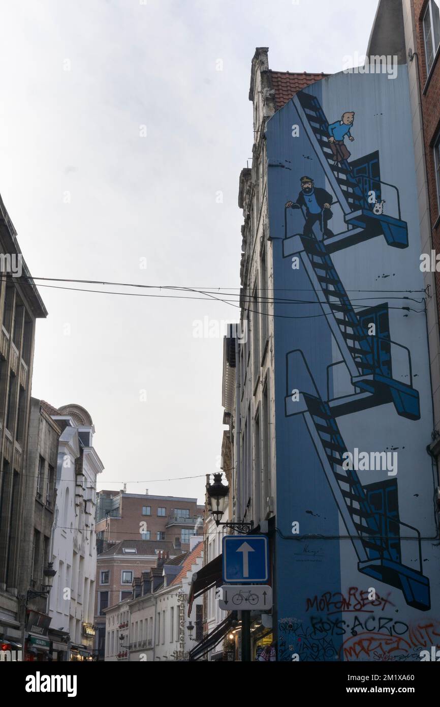 Famous Tintin cartoon graffiti wall street art on brusselas building ...