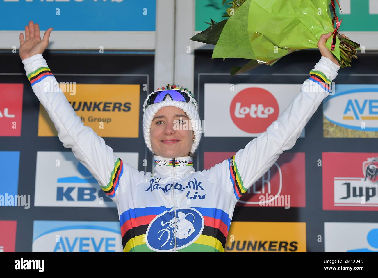20141228 - DIEGEM, BELGIUM: Dutch Marianne Vos celebrates on the podium ...
