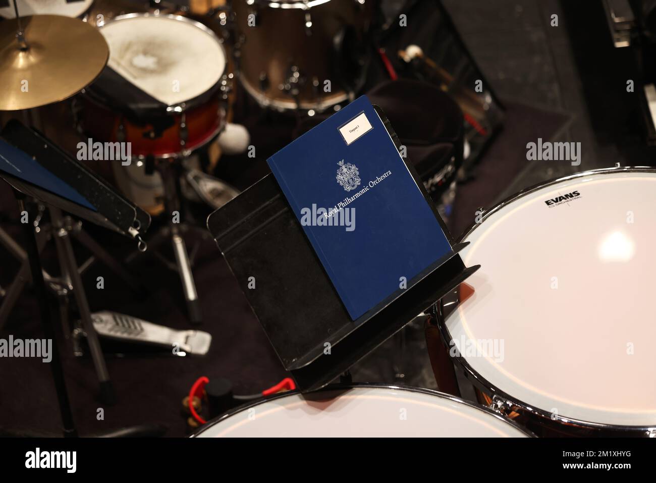 General views of the Royal Philharmonic Orchestra rehearsing backstage ...