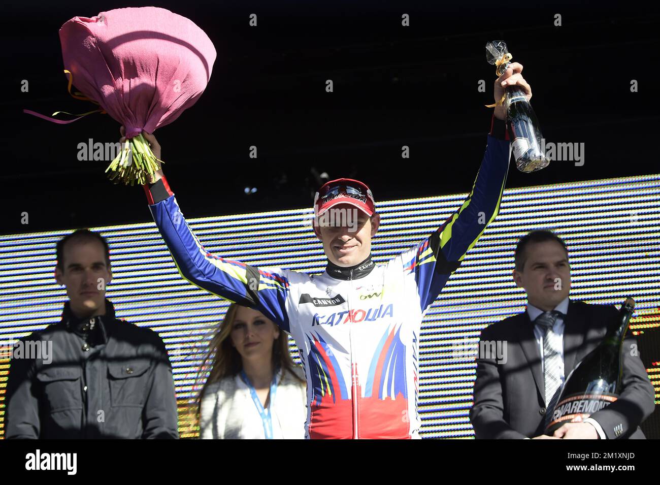 Norwegian Alexander Kristoff of Team Katusha celebrates on the podium ...