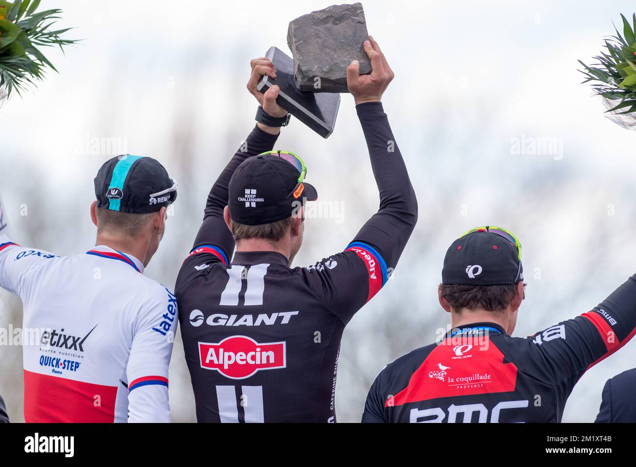 Illustration picture shows the podium of the 'Paris-Roubaix' one day ...