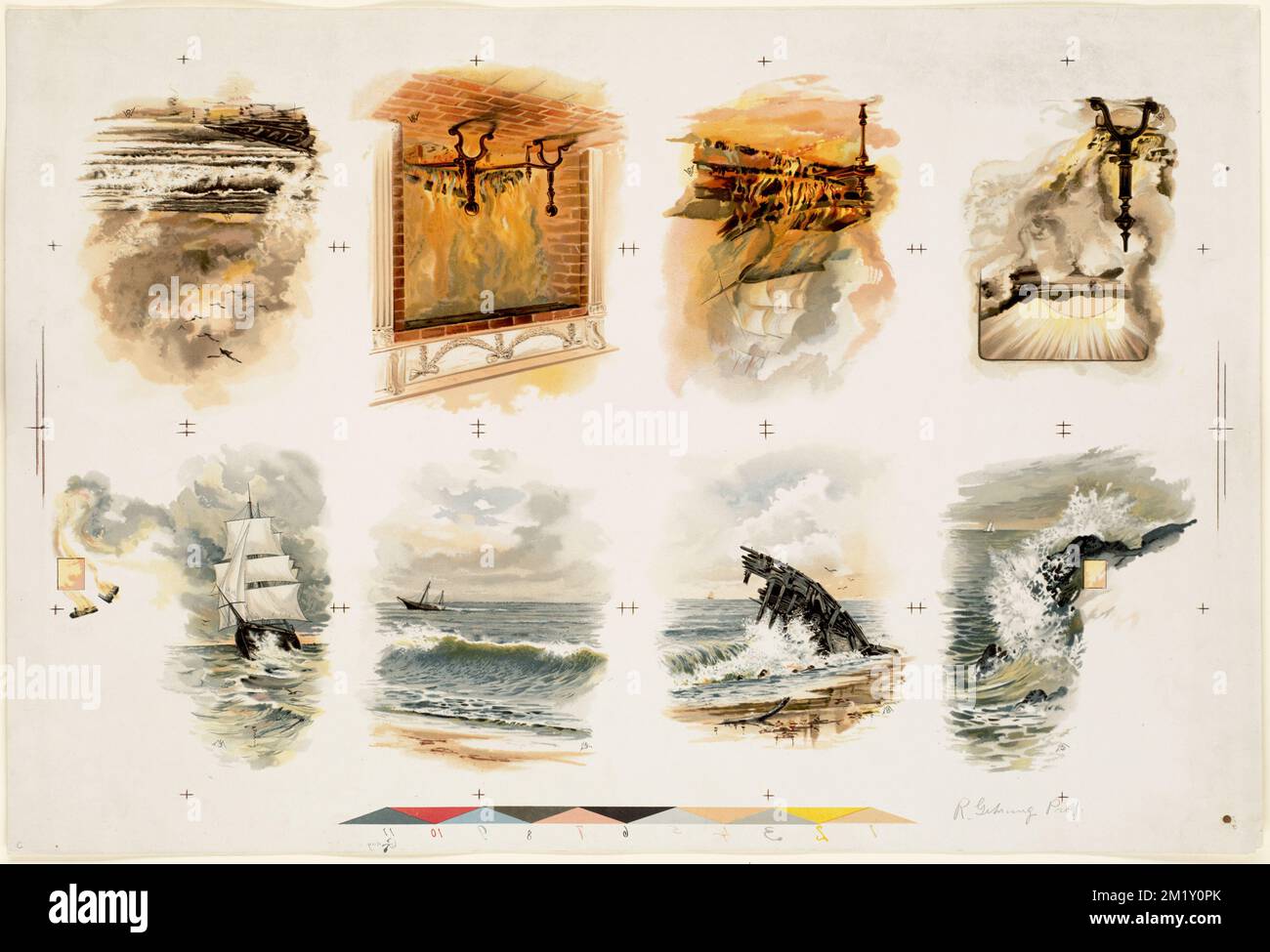 Booklet illustrations , Seas, Ships, Beaches, Fireplaces, Fire. Louis ...