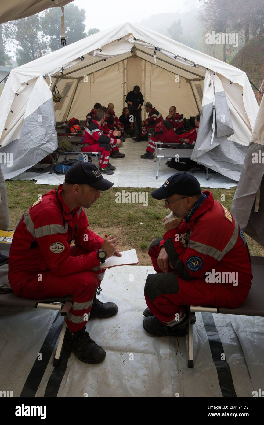 20150430 - GORKHA, NEPAL: The B-Fast team meets for a briefing before ...
