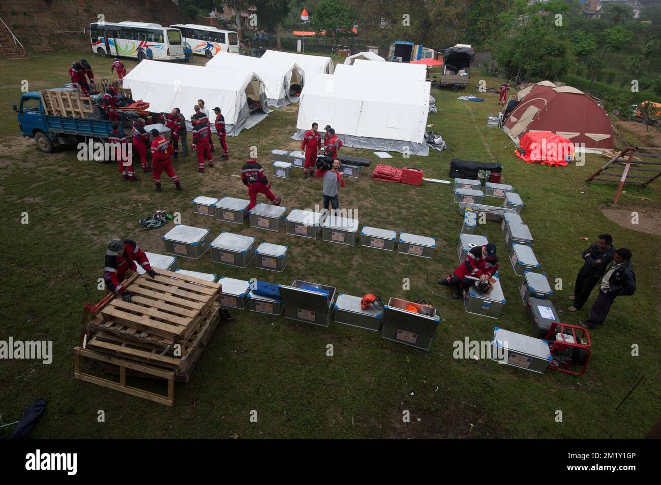 20150430 - GORKHA, NEPAL: The B-Fast team prepares their camp during an ...