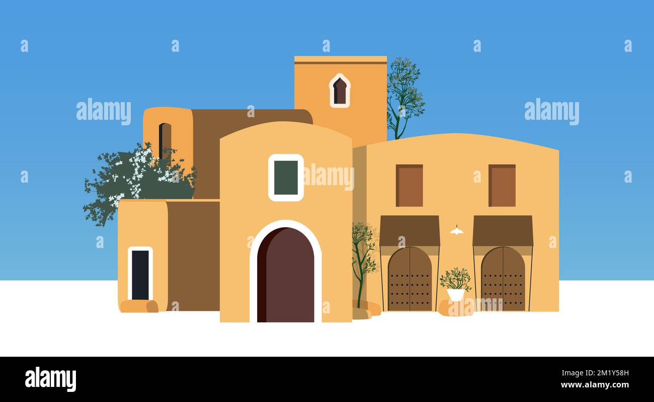 Mediterranean style buildings isolated on blue sky. Traditional ...