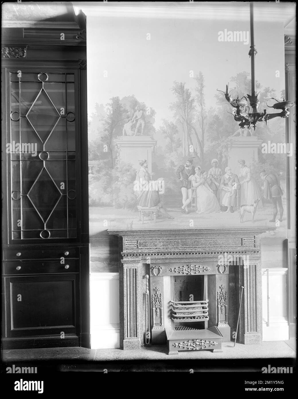 Boston, 40 Beacon Street, interior detail, mantel and wallpaper ...