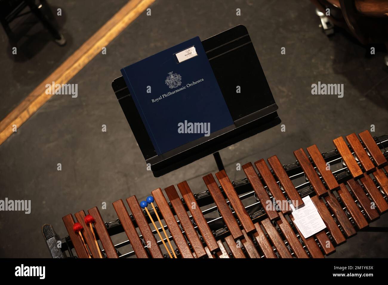 General views of the Royal Philharmonic Orchestra rehearsing backstage ...