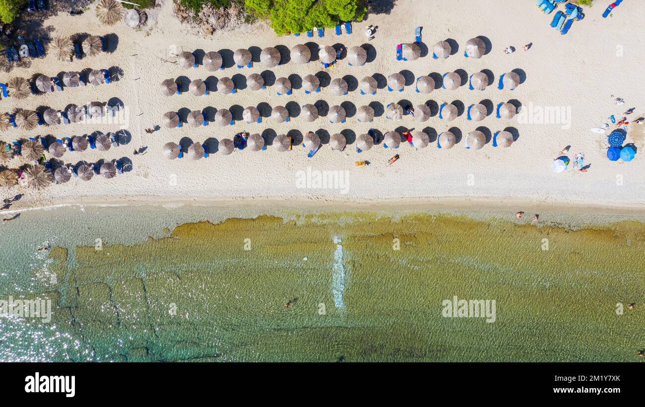 Aerial View From Flying Drone Of People Crowd Relaxing On Beach In ...