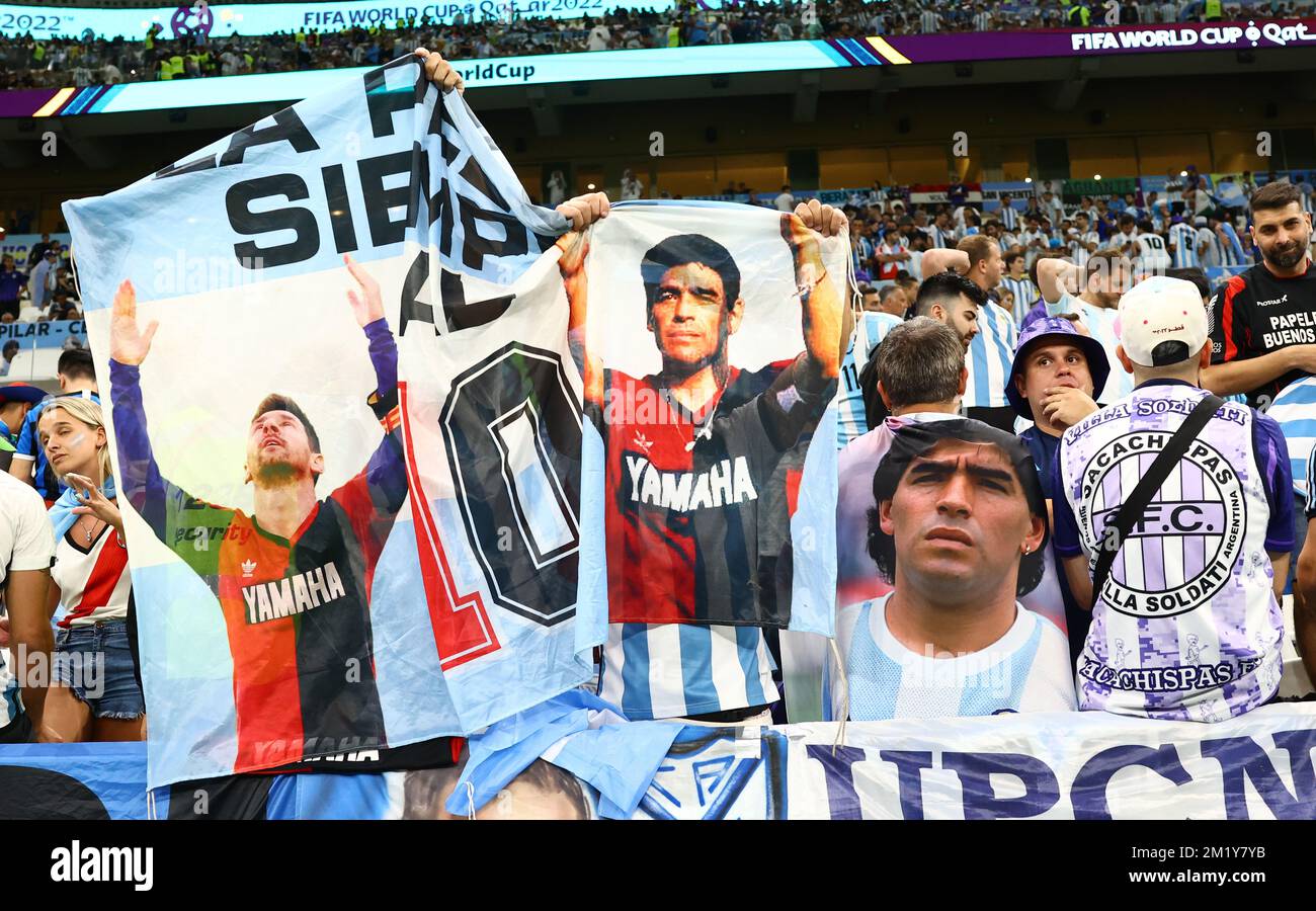 Doha, Qatar, 13th December 2022. Argentina fans with banners of Messi ...