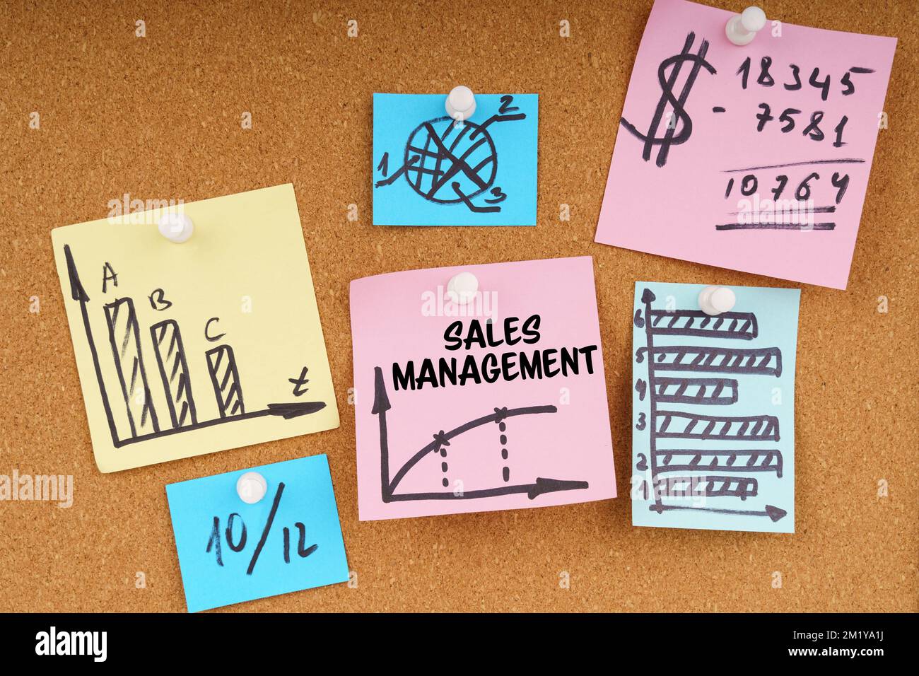 Business concept. On the board are stickers with graphs and diagrams ...