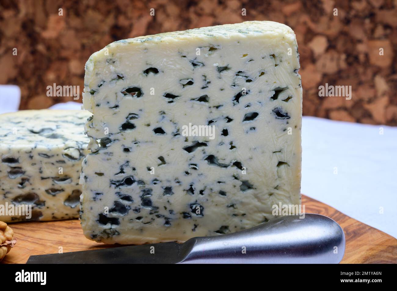 Cheese collection, piece of French blue cheese auvergne and fourme d ...