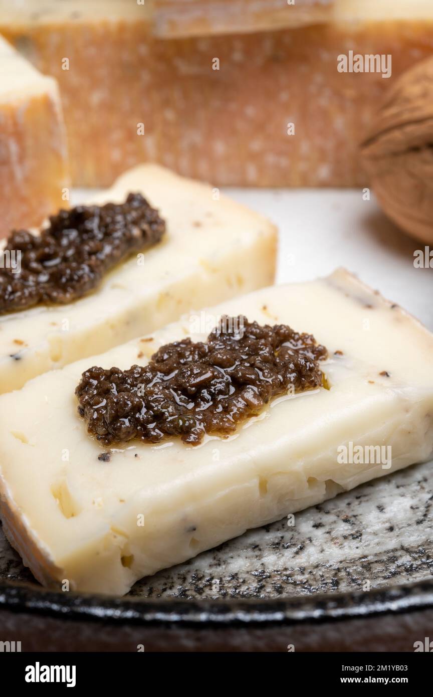 Italian cheese collection, yellow taleggio cheese with black truffles ...