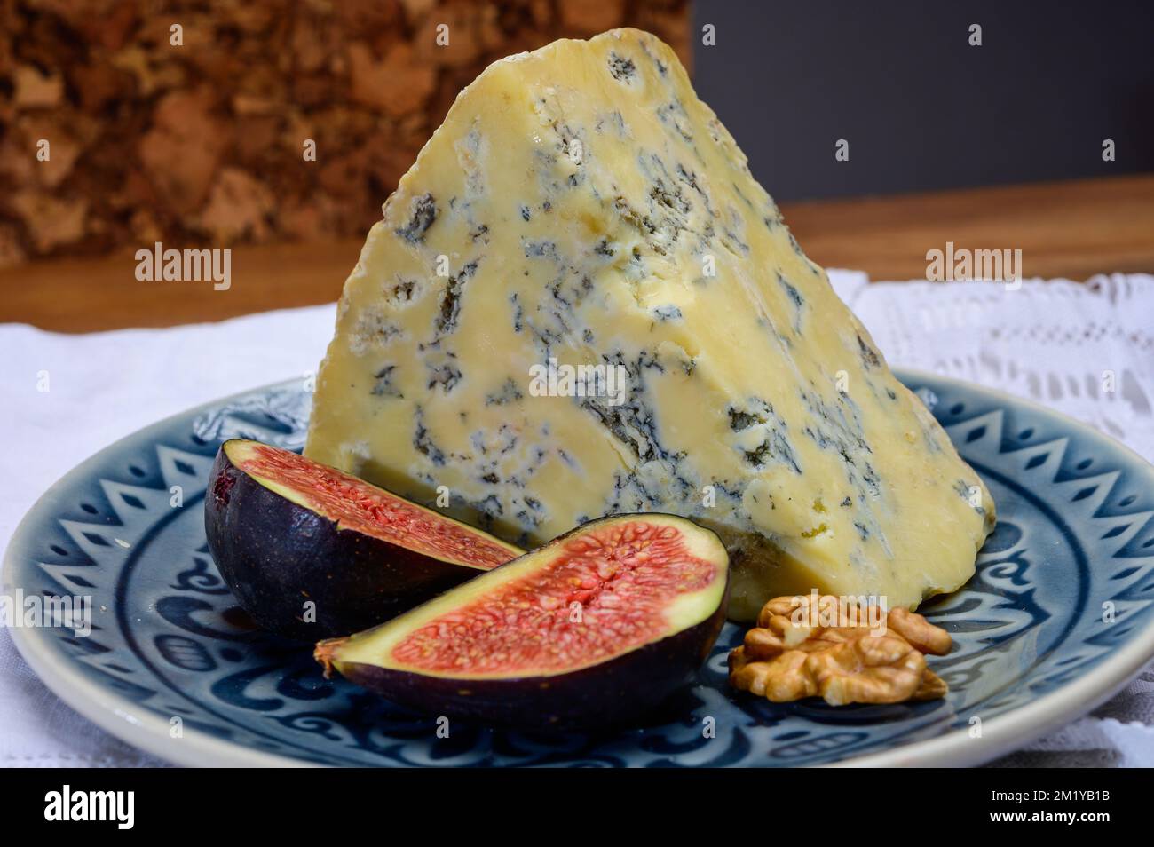 Cheese collection, English old stilton blue cheese close up served with ...