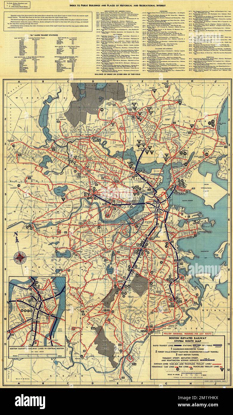 Boston Elevated Railway system route map , Local transit, Massachusetts ...