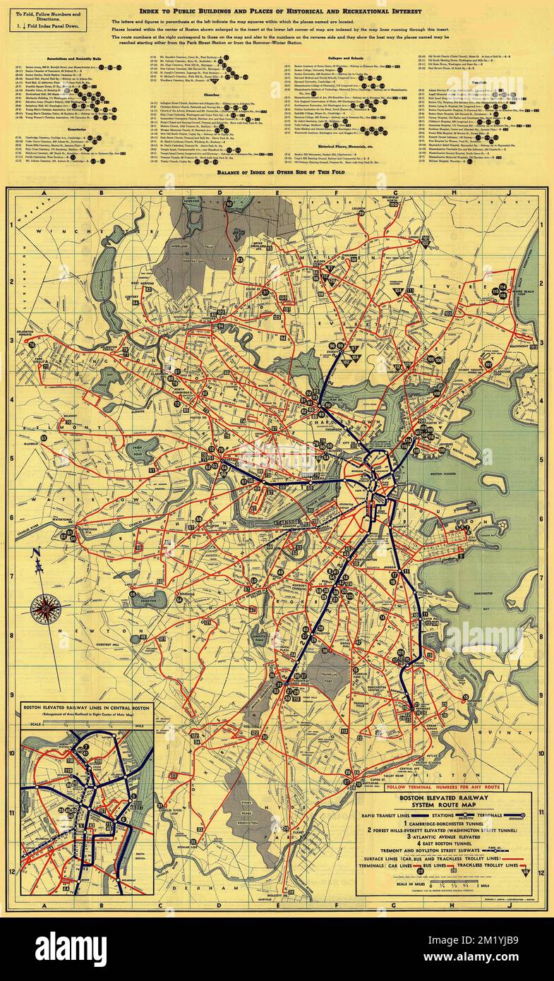Boston Elevated Railway system route map , Local transit, Massachusetts ...