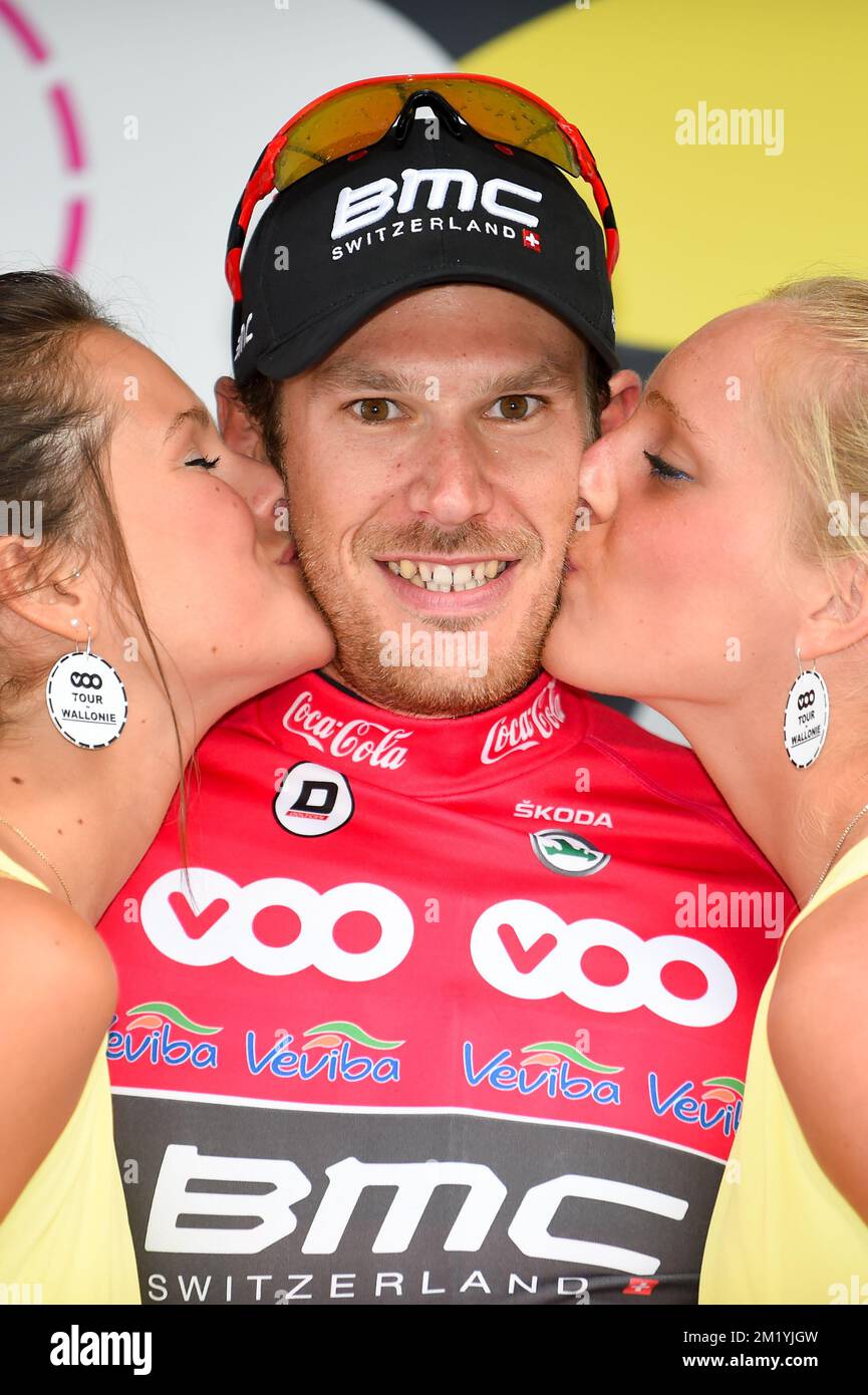Luxembourg's Jempy Drucker of BMC Racing Team celebrates on the podium ...