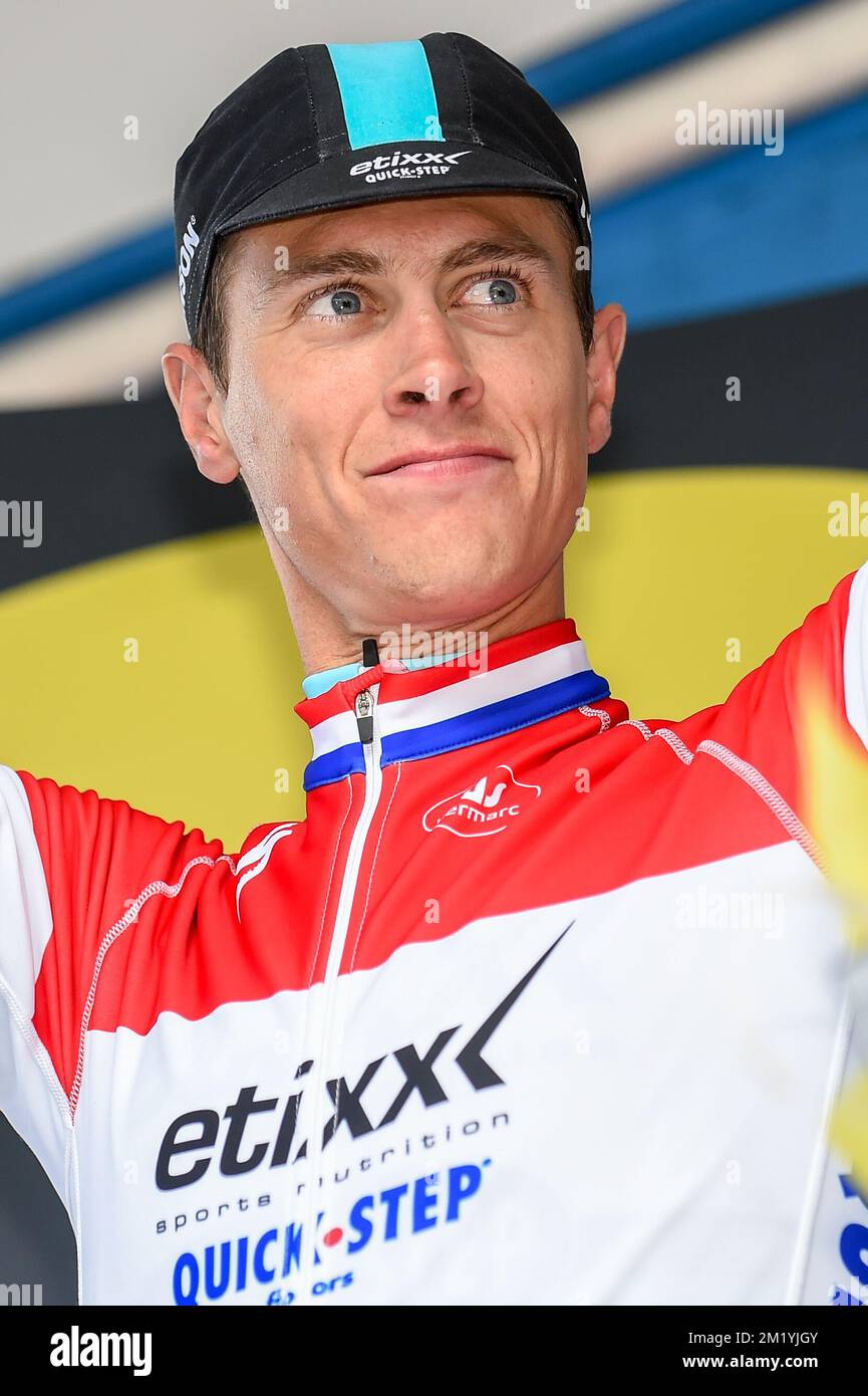 Dutch Niki Terpstra of team Etixx - Quick-Step celebrates on the podium ...