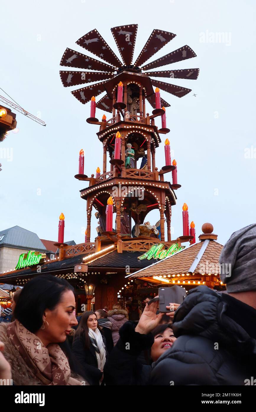 Hanau, Germany - December 15, 2019: Large pyramid spinner with candles ...