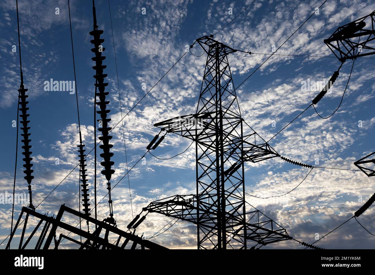 Electricity pylon (high voltage power line), black contour, on the ...