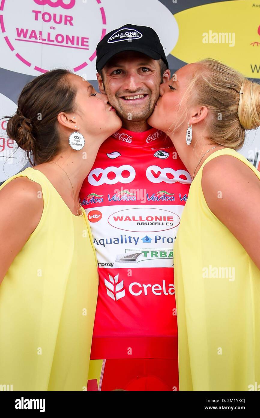 Sebastien Delfosse celebrates on the podium after the final stage of ...