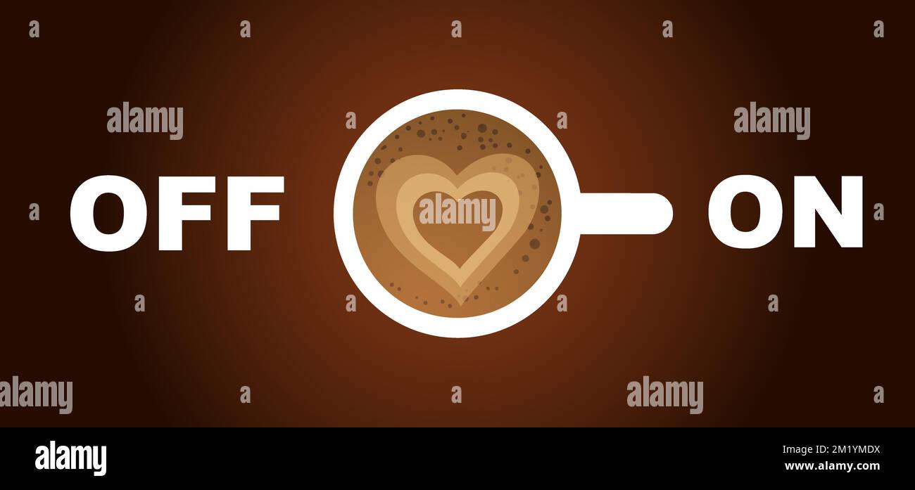Cartoon coffee power turn on or power off. Coffee or tea break ...