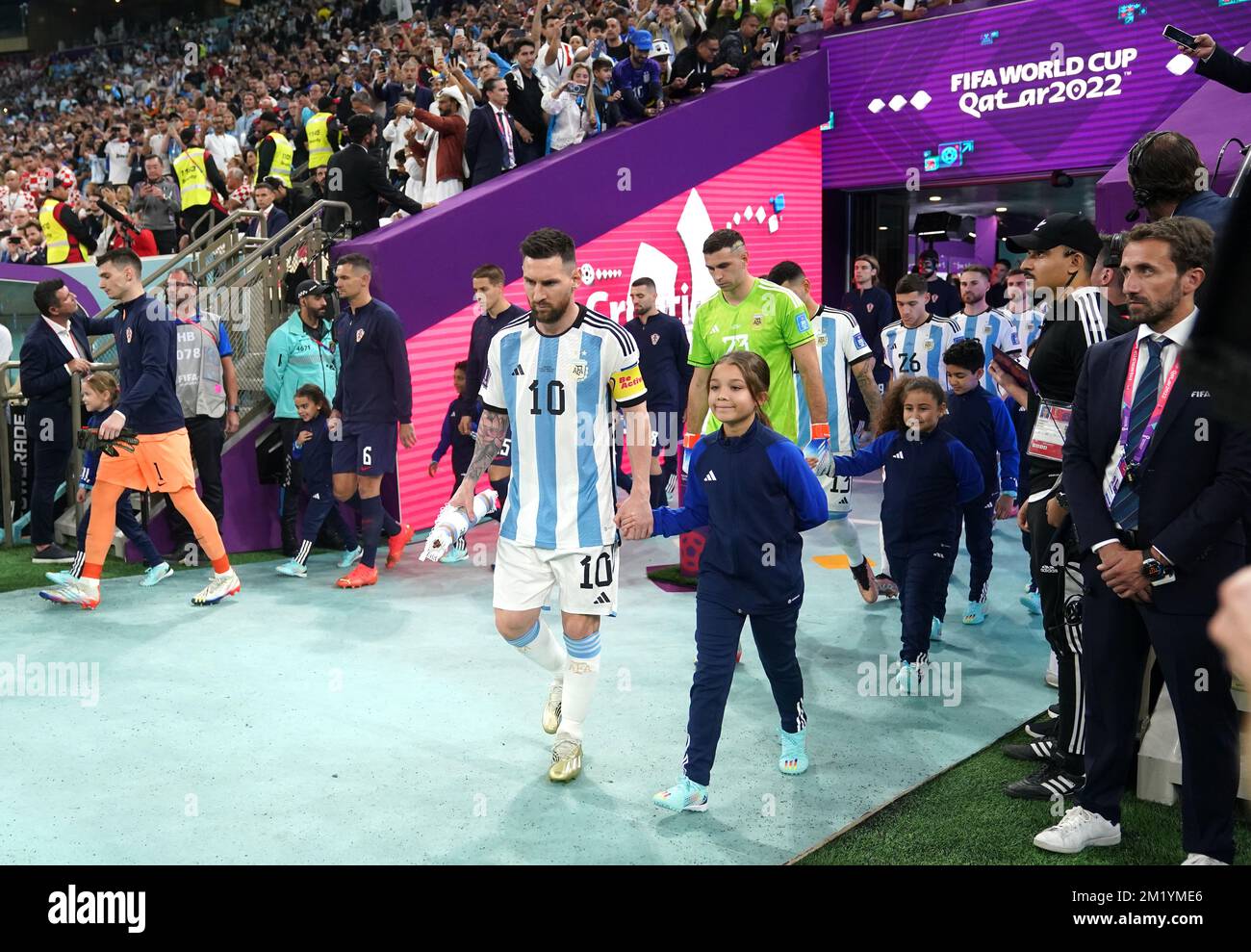 Argentina's Lionel Messi leads players on to the pitch ahead of the ...