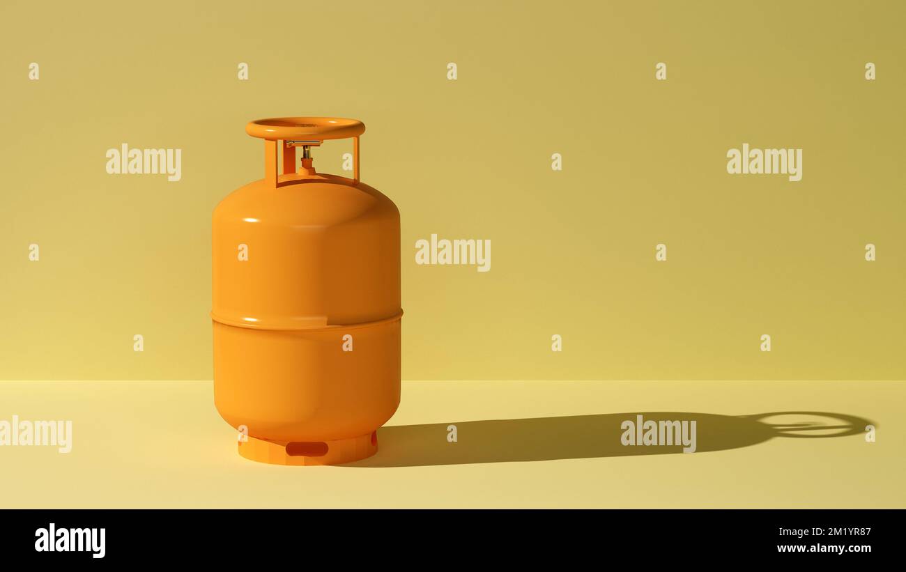 orange gas cylinder on yellow background in a beam of light. 3d ...