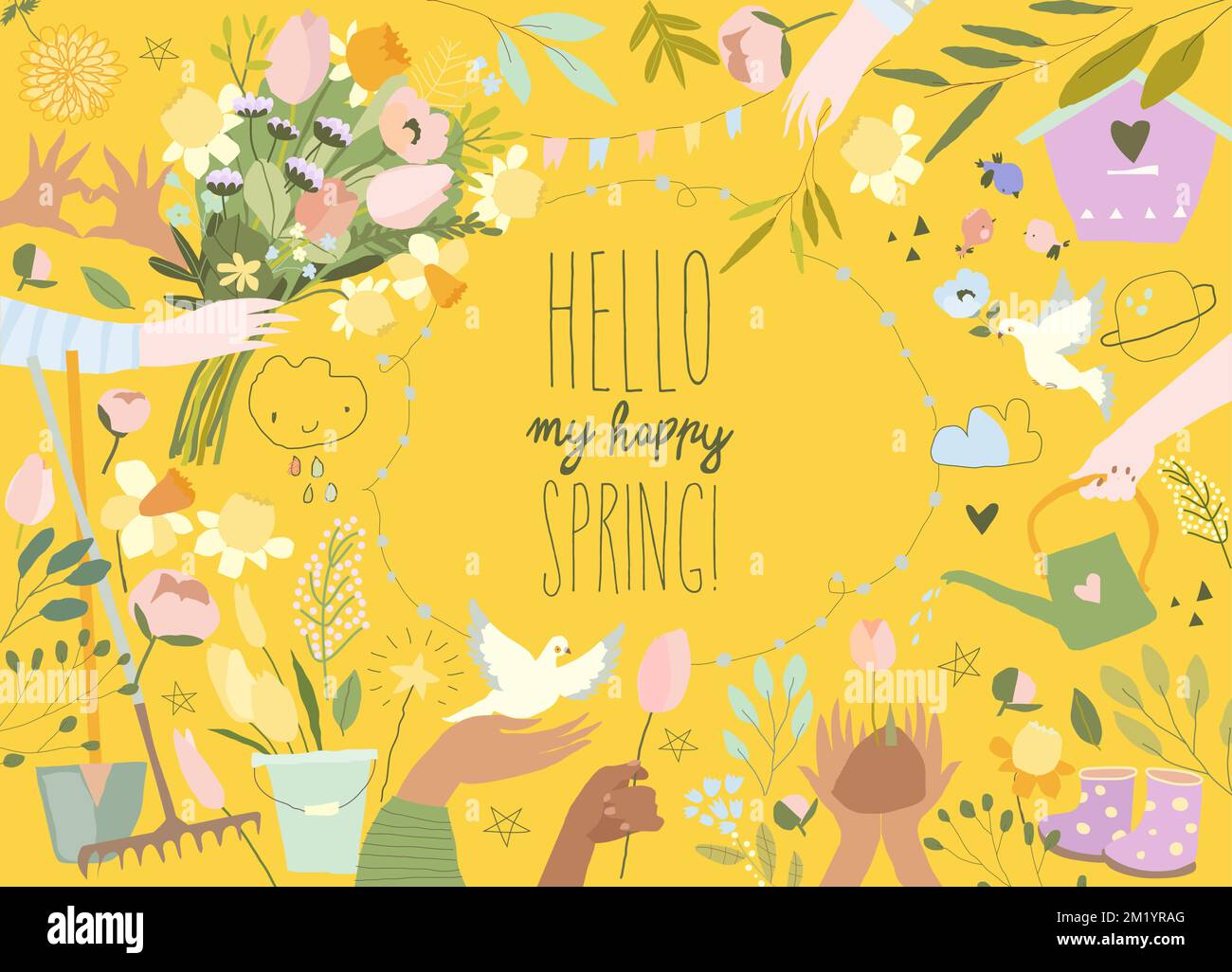 Cartoon Frame with Hands and Bouquets Of Spring Flowers Stock Vector ...