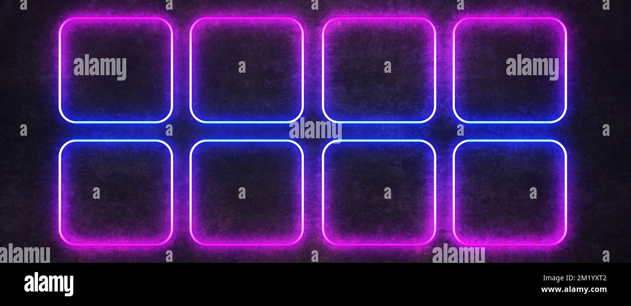 eight neon squares on black wall. 3d rendering Stock Photo - Alamy