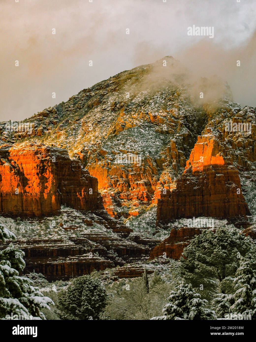 Red rocks and trees covered in snow and clouds just after snow fall ...