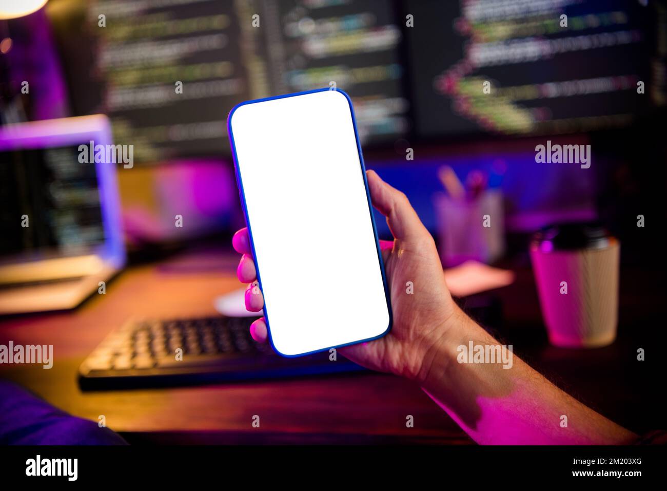 Photo of coder hands arms creating ecard ecommerce app gadget empty ...