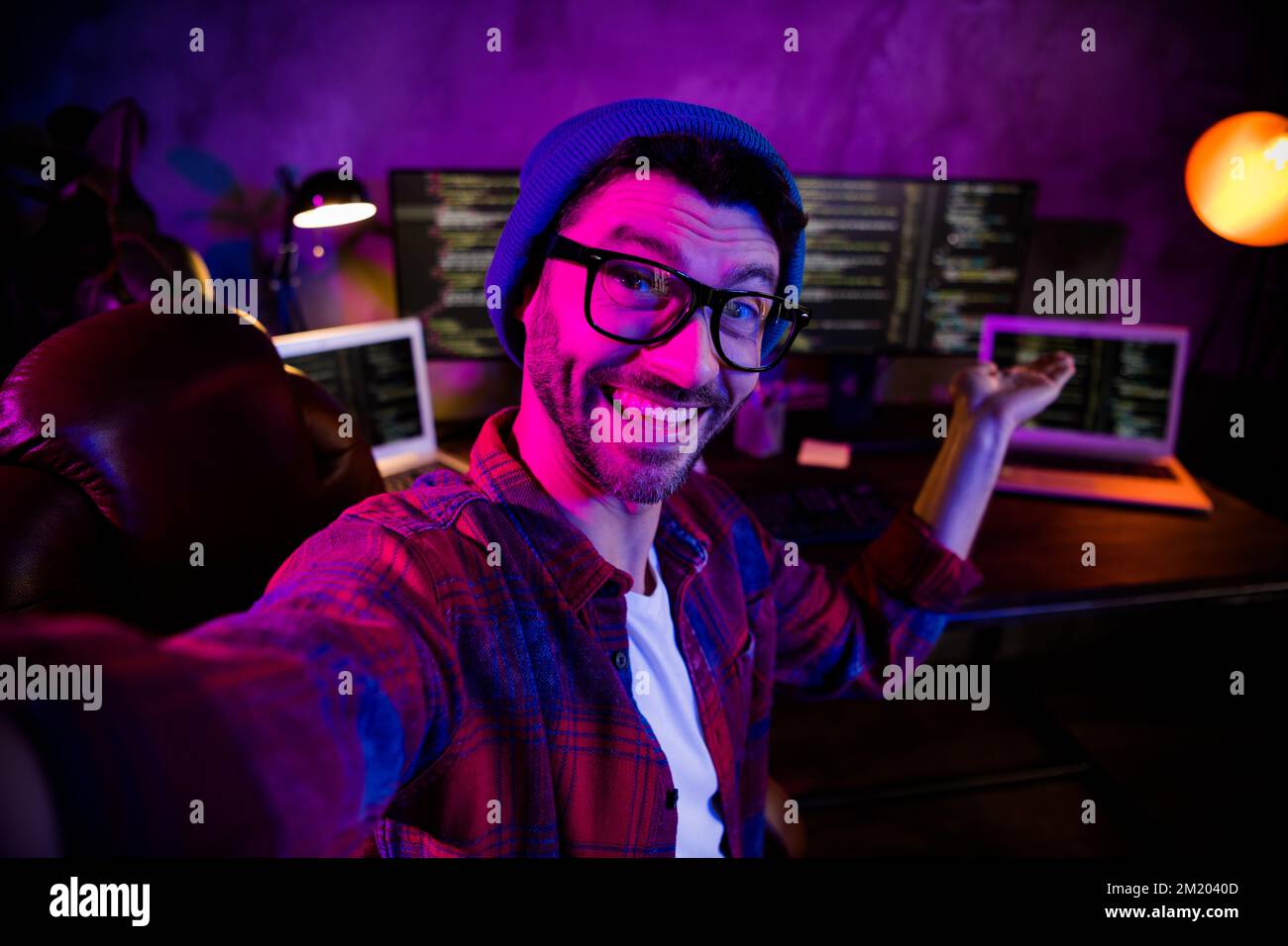 Photo of cool excited freelancer wear hat eyeglasses inviting late ...