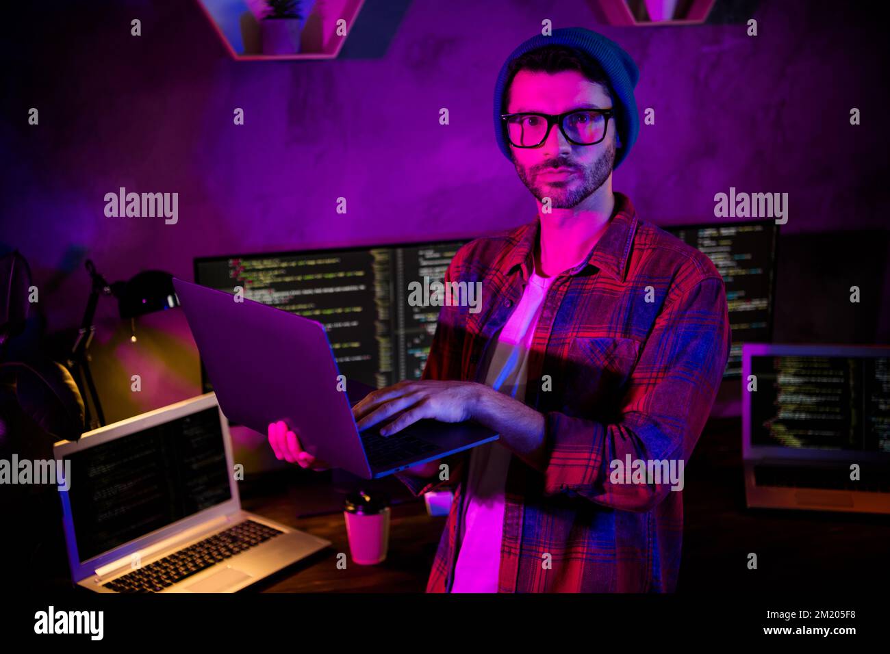 Photo of confident cool freelancer wear hat eyeglasses administrating ...