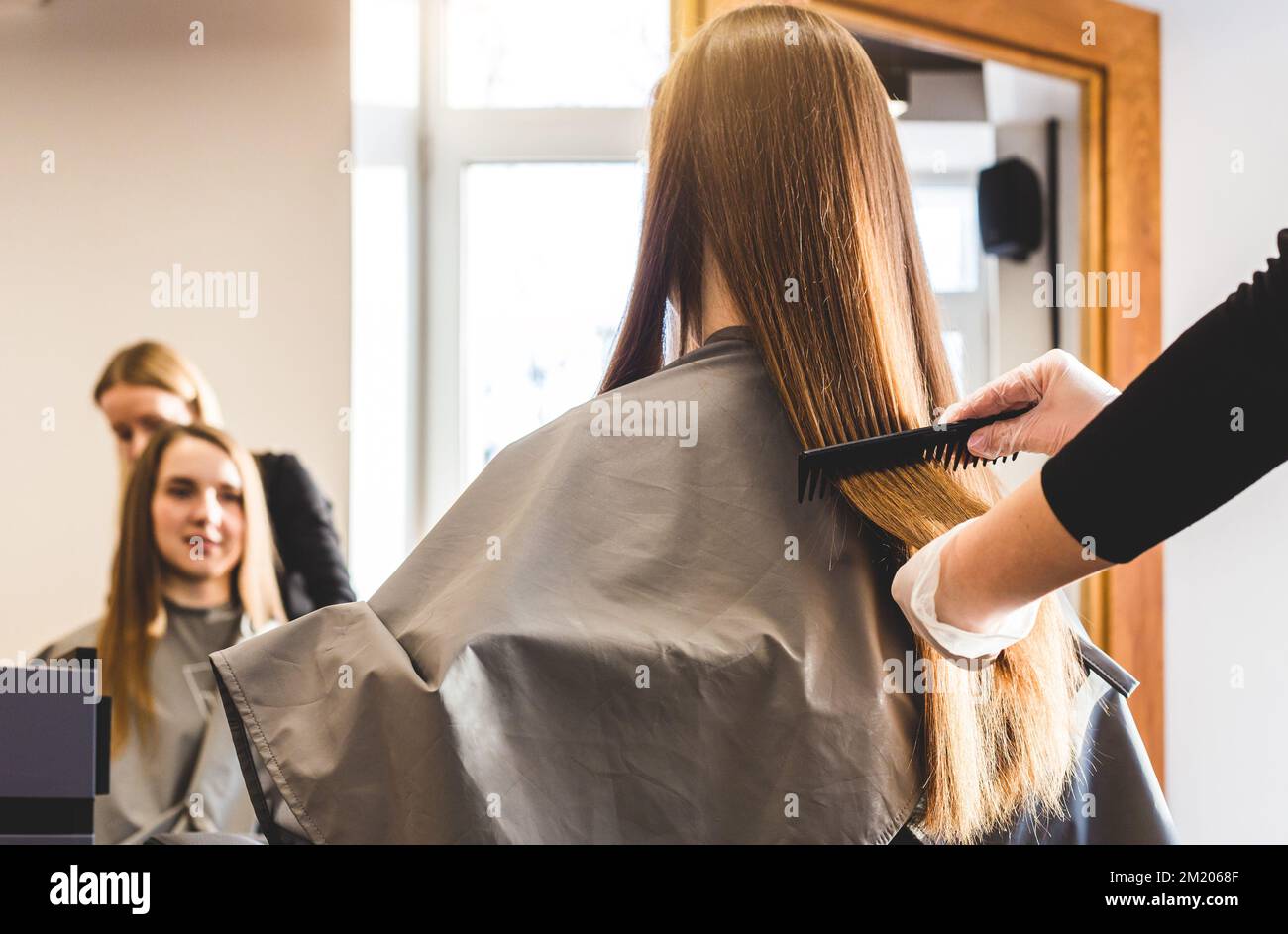 Close-up hairdresser combs the girl's hair by styling in a beauty salon ...