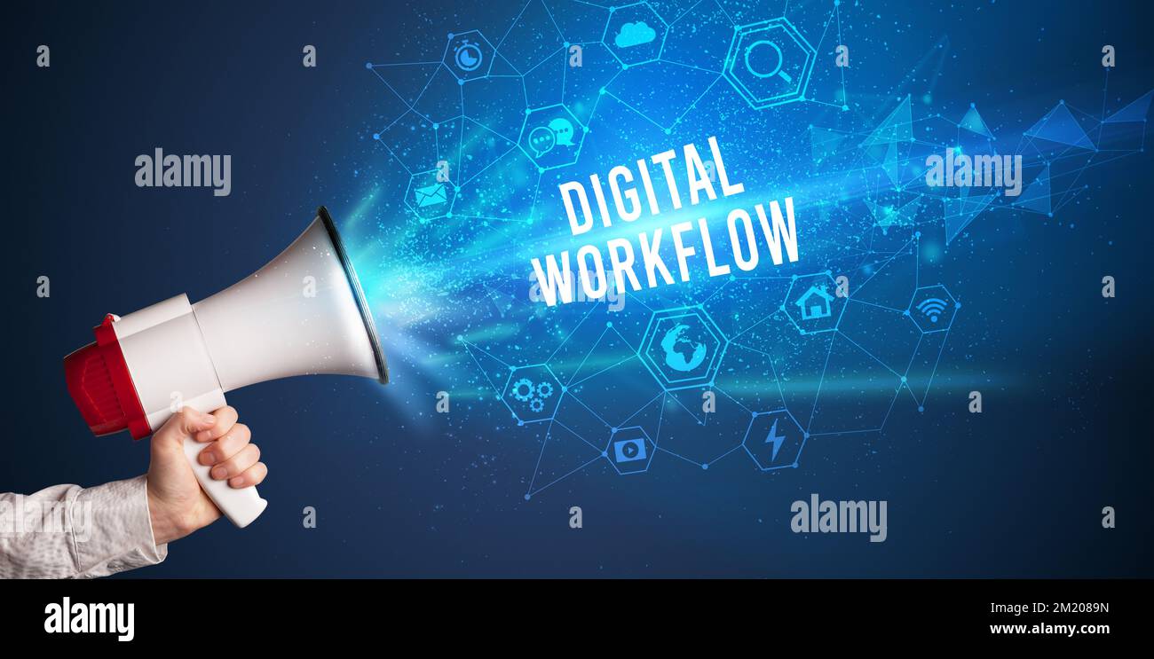 Young woman shouting in megaphone, technology announcement concept ...